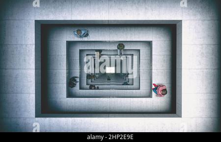 multi-level floors with people and hole in the center. 3d render models ...