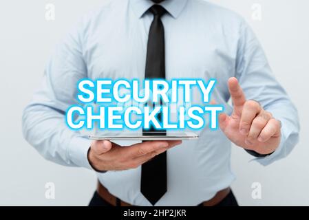 Text sign showing Security Checklist. Business photo text Protection of ...