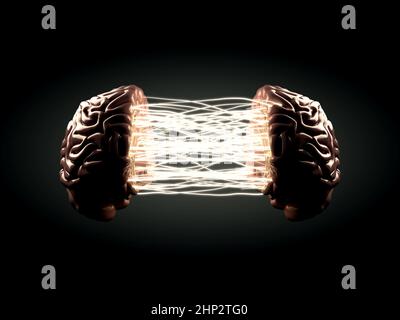 A concept showing a human brain split into two hemispheres and joined ...