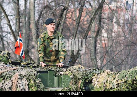 Norwegian Army armored tank with cannon and camouflage coating with ...