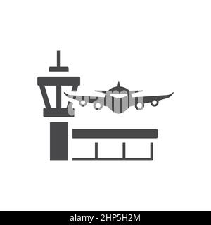 Airport terminal tower and airplane icon. Black vector airplane symbol ...