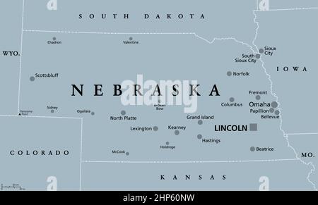 Nebraska NE state Map USA with Capital City Star at Lincoln. Black ...