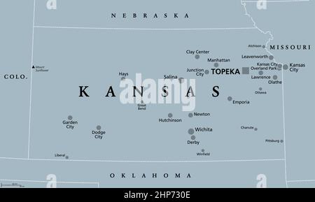 Kansas, KS, political map, US state, nicknamed The Sunflower State ...