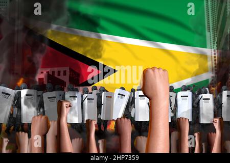 Guyana protest stopping concept, police officers protecting country ...
