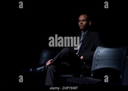 Actor on stage represents a dramatic character. Scene in a theater in ...