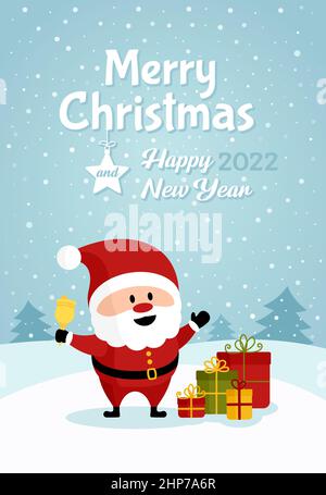 Santa Claus with bell and gift boxes. Merry Christmas and Happy New ...