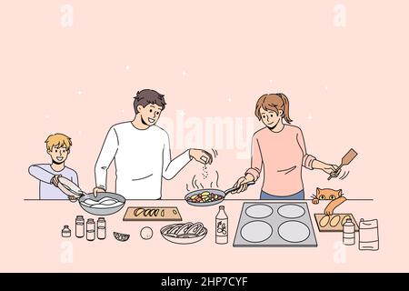 Happy family cook food together vector illustration. Cartoon ...