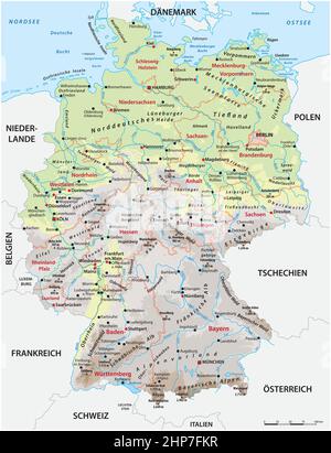 Very detailed physical and administrative map of Germany with German ...