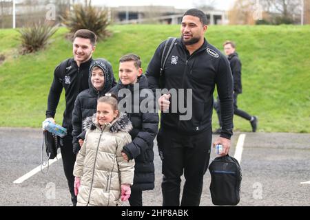 Ben McNamara (19) and Chris Satae (10) of Hull FC arrive at the MKM ...