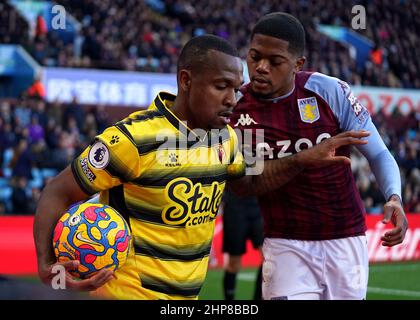 Aston Villa's Leon Bailey attempts a shot on goal during the Premier ...