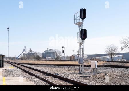 Taylor, Texas USA - Main line railroad traffic signal in rail car ...