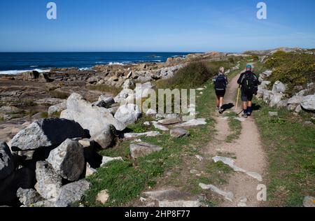 Two pilgrims walk the Portuguese Camino de Santiago along the coast in ...