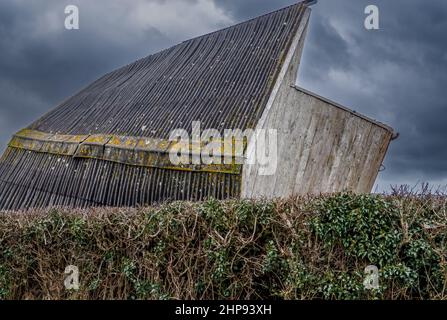 wooden horse stables blown over on to its side strong winds of a storm ...