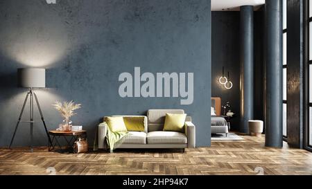 Modern beautiful interior with columns, colored wall and stylish ...