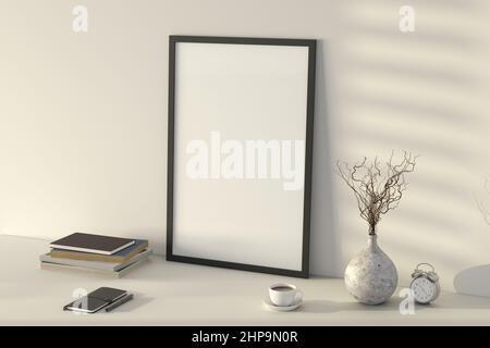 Vertical black picture poster frame mock up. Cup of coffee, books, vase ...