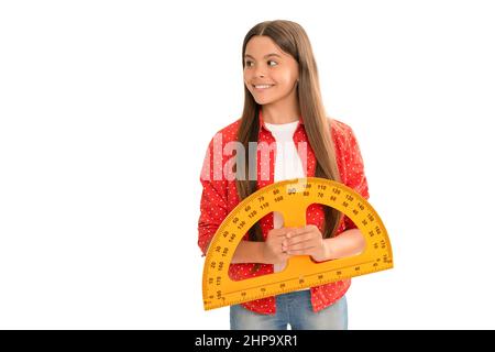 happy teen girl hold protractor ruler measuring size and angle degree ...