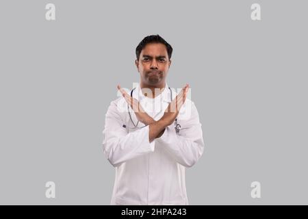 Male Doctor Hands Crossed Stop Sign Wearing Medical Mask and Gloves ...