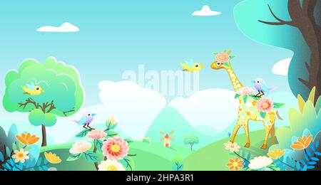 Beginning of Spring Healing Wind Spring Landscape Cartoon Illustration ...