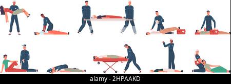 First aid procedures. Paramedic worker rescue patients on stretcher in emergency situation, cpr ...