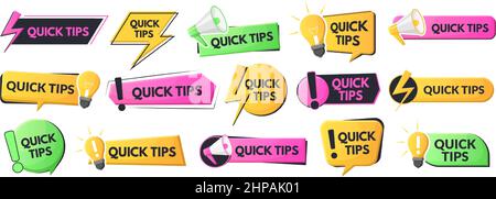 Quick tips, helpful tricks logos, emblems and banners vector set ...