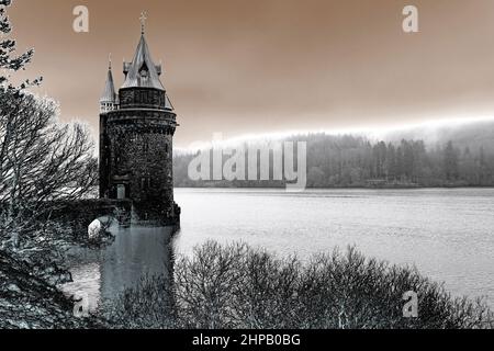Gothic Revival Straining Tower, Lake Vyrnwy, Powys, Wales Stock Photo ...