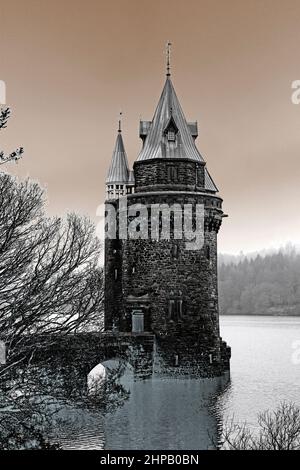 Gothic Revival Straining Tower, Lake Vyrnwy, Powys, Wales Stock Photo ...