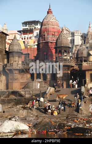 Funeral Pyres burn day and night at Manikarnika Cremation Ghat on the ...