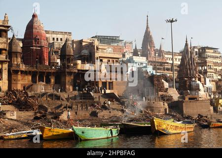 Funeral Pyres burn day and night at Manikarnika Cremation Ghat on the ...