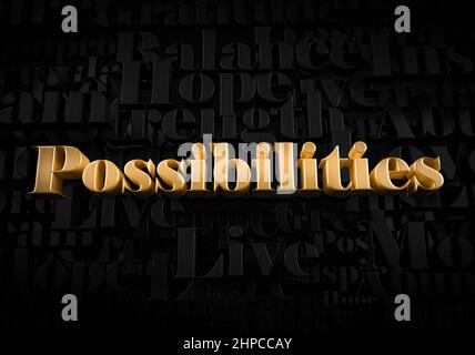 Possibilities - Gold text on black background - 3D rendered royalty ...