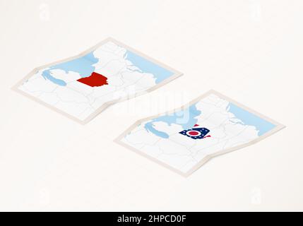 Two versions of an Ohio folded map, one with a pinned country flag and ...