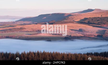 Aerial view of temperature inversion, Usk Valley and the Brecon Beacons ...