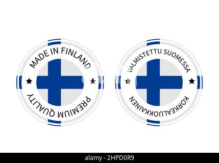 Made in Finland round labels in English and in Finnish languages ...