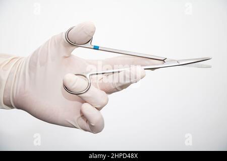 Forceps in doctor hand with disposable glove on white background ...