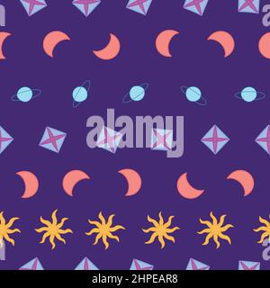 Celestial bodies striped seamless pattern. Hand drawn sun, moon, stars ...