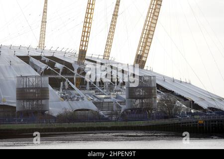 Damage to the white roof covering at the O2 arena in London, which will ...