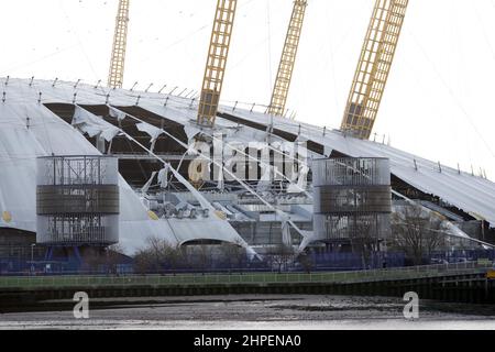 Damage to the white roof covering at the O2 arena in London, which will ...