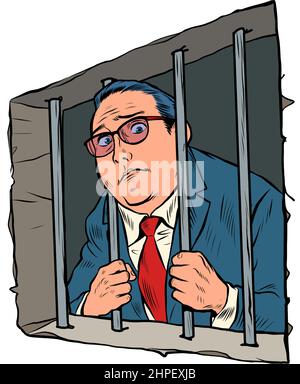 Cartoon man trapped in a cage, vector illustration. Black outlined and ...