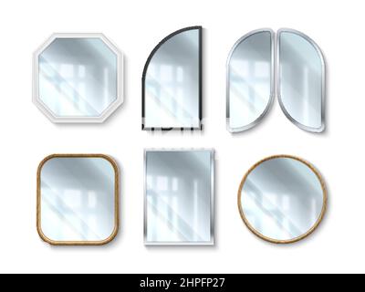Different geometric shapes mirrors. Realistic interior objects in metal and wooden frames ...