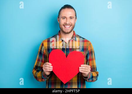 Photo of cute millennial brown hairdo lady look promo wear blue sweater ...