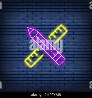 Ruler and pencil neon light icon. Glowing sign. Drawing and drafting ...