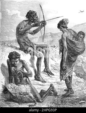 san bushmen family in hunting day in the kalahari desert of central ...