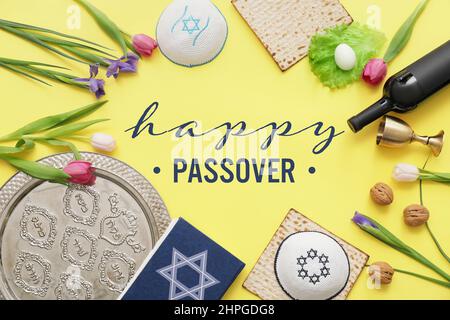 Beautiful greeting card for Happy Passover with Seder plate, Torah and ...