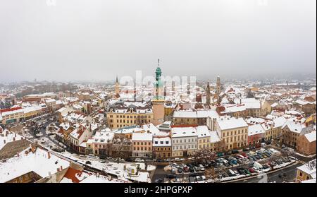Aerial panoramic view about Sopron downtown. Winter cityscape with ...