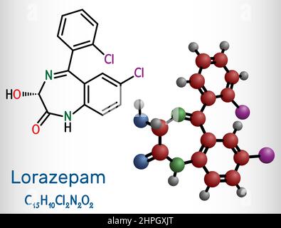 lorazepam molecule. molecular chemical structural formula and model of ...