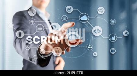SCRUM. Hand presses the inscription scrum on a virtual panel. Agile ...