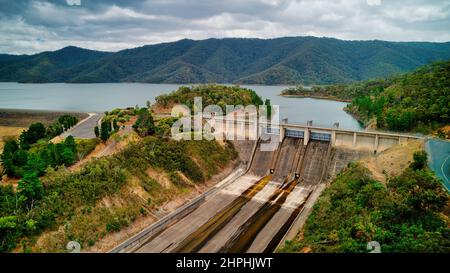 Aerial view of the Lake Eildon hydroelectric infrastructure dam and ...