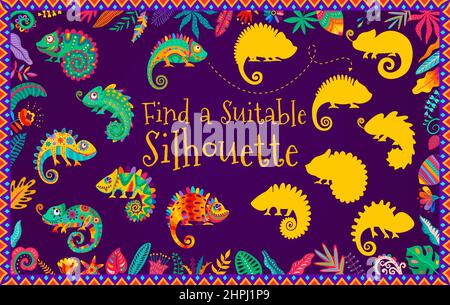 Cartoon mexican chameleon lizards kids I spy game. Vector educational ...