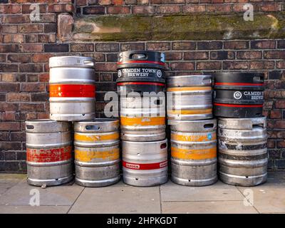Empty beer kegs awaiting collection outside a pub Stock Photo - Alamy