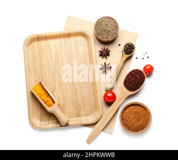 Composition with blank sheet of paper and spices on light background ...
