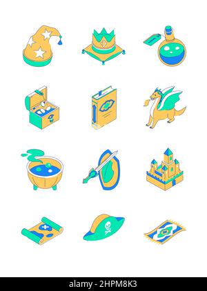 Medieval fairy tale isometric set with royal castle knights priest ...